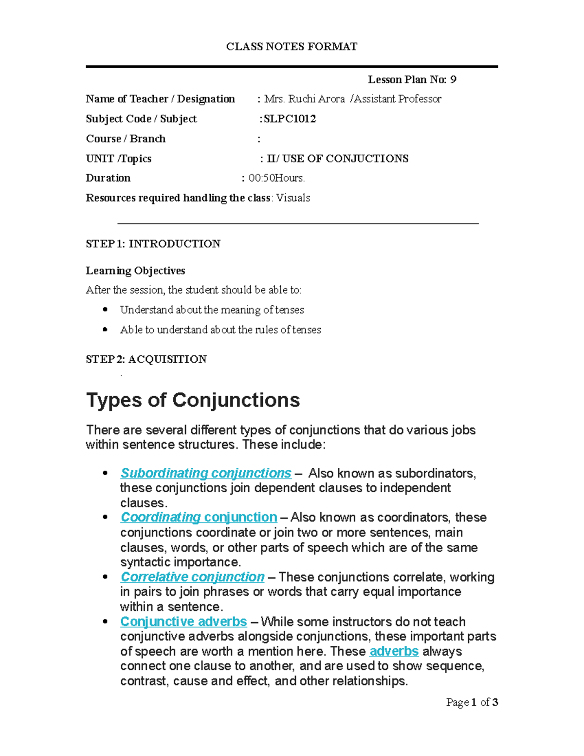 LP 9 USE OF Conjunctions - CLASS NOTES FORMAT Lesson Plan No: 9 Name of ...