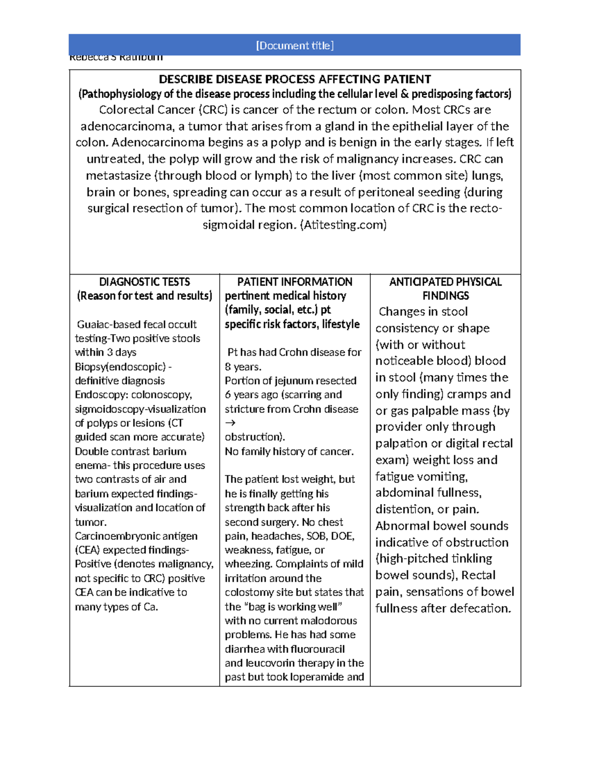 Pathophysiology Case Study Colorectal Ca - Colorectal Ca Rebecca S ...