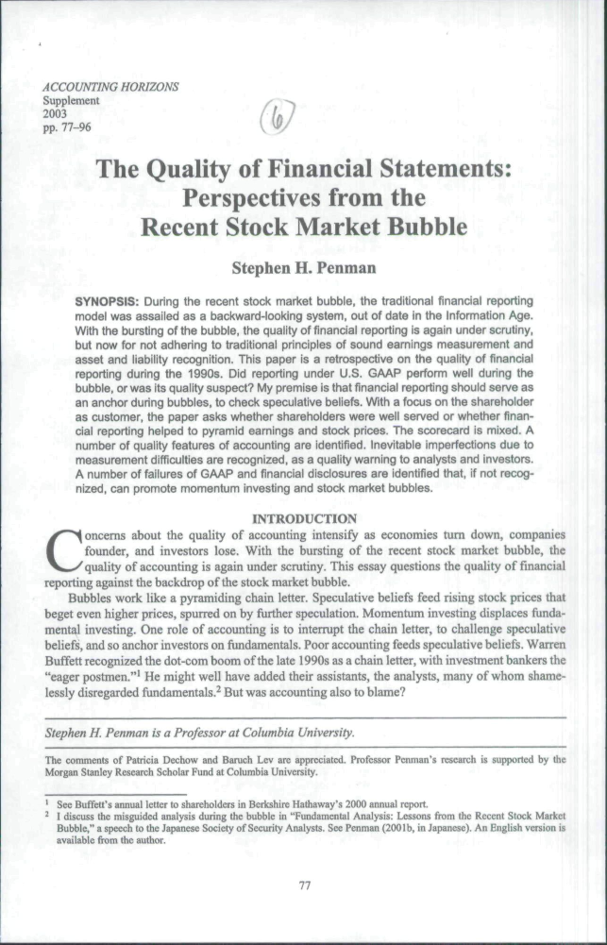The Quality of Financial Statements – week 1 reading - IB396 - Warwick ...