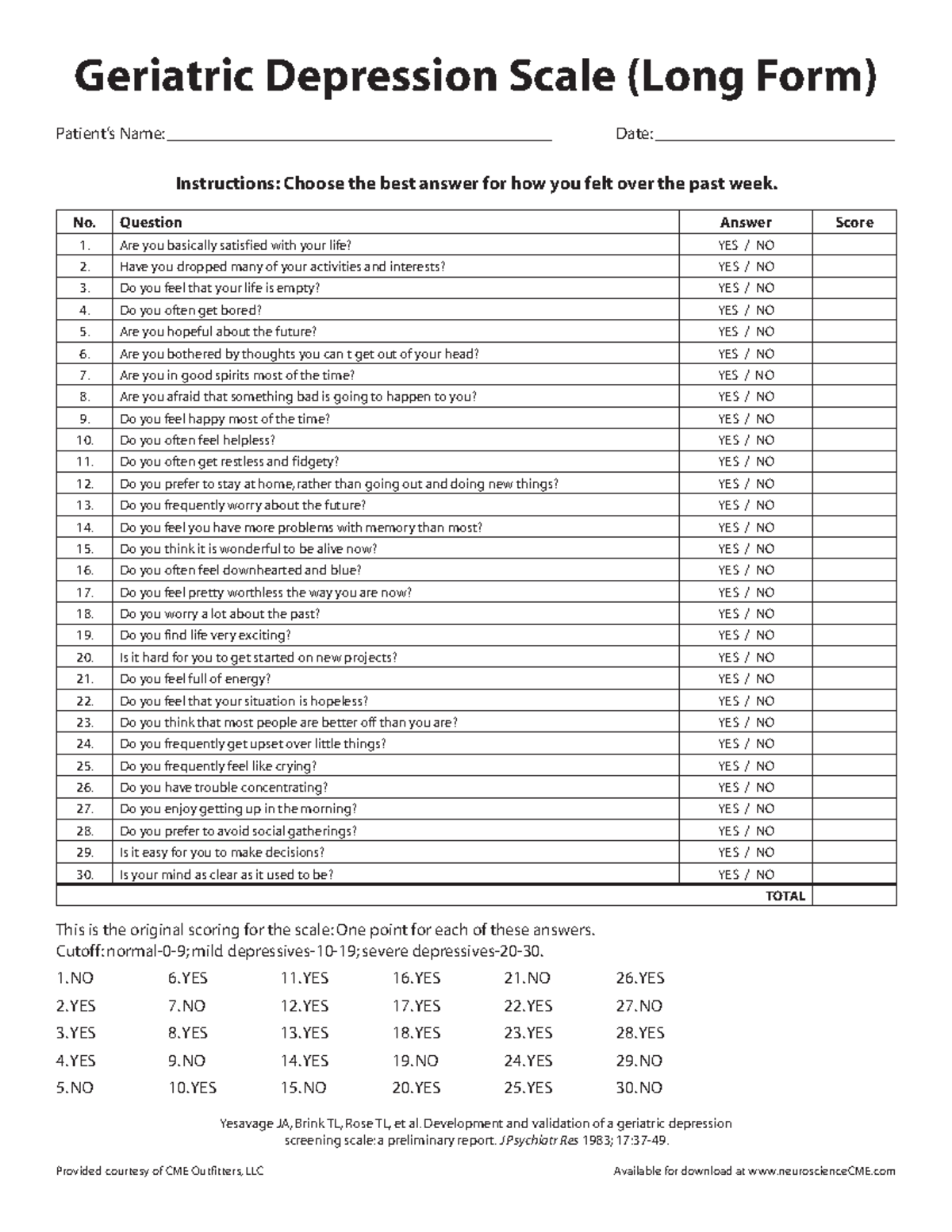 Geriatric depression scale - No. Question Answer Score Are you ...