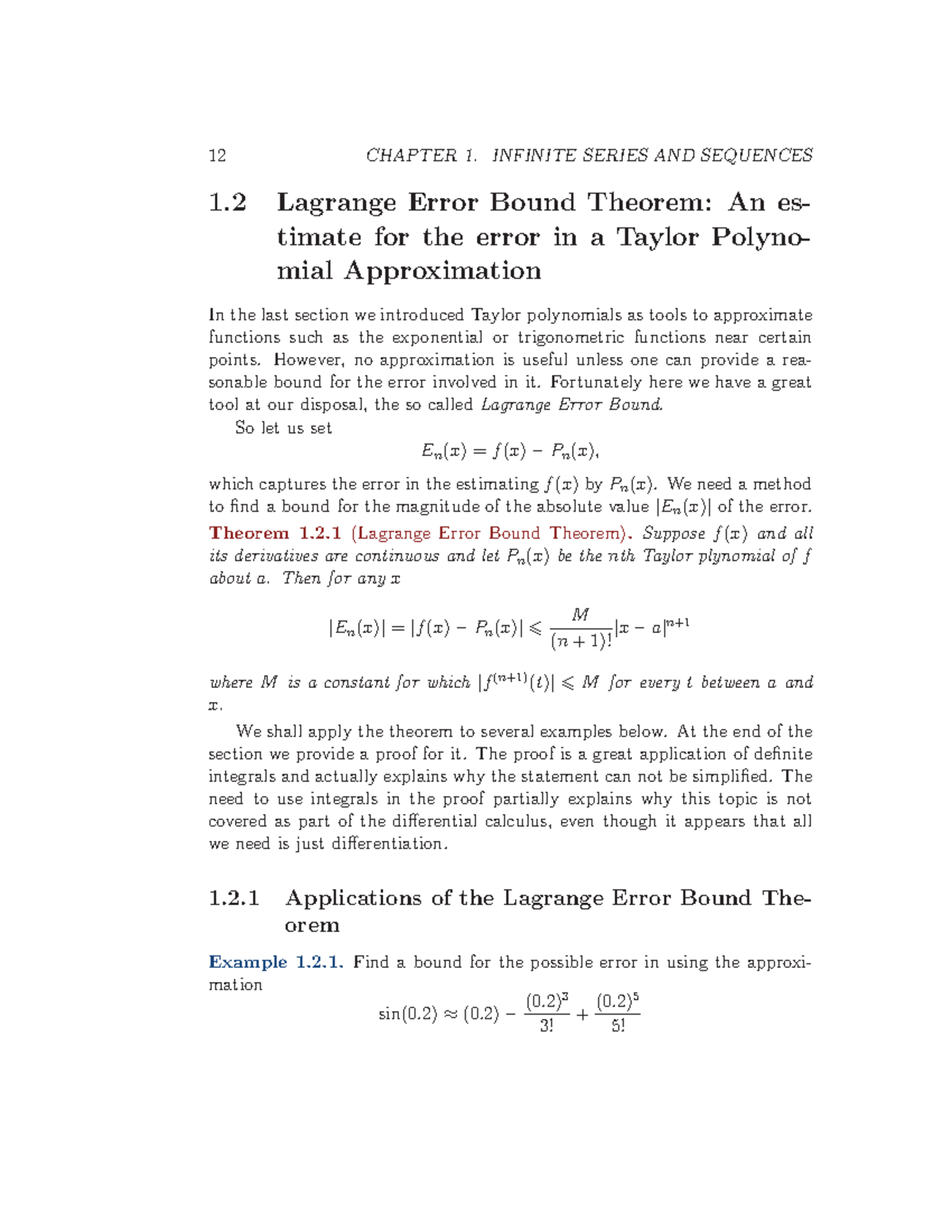 Section 1.2 (Error Estimation -Lagrange Error Bound) - 12 CHAPTER 1. INFINITE SERIES AND ...