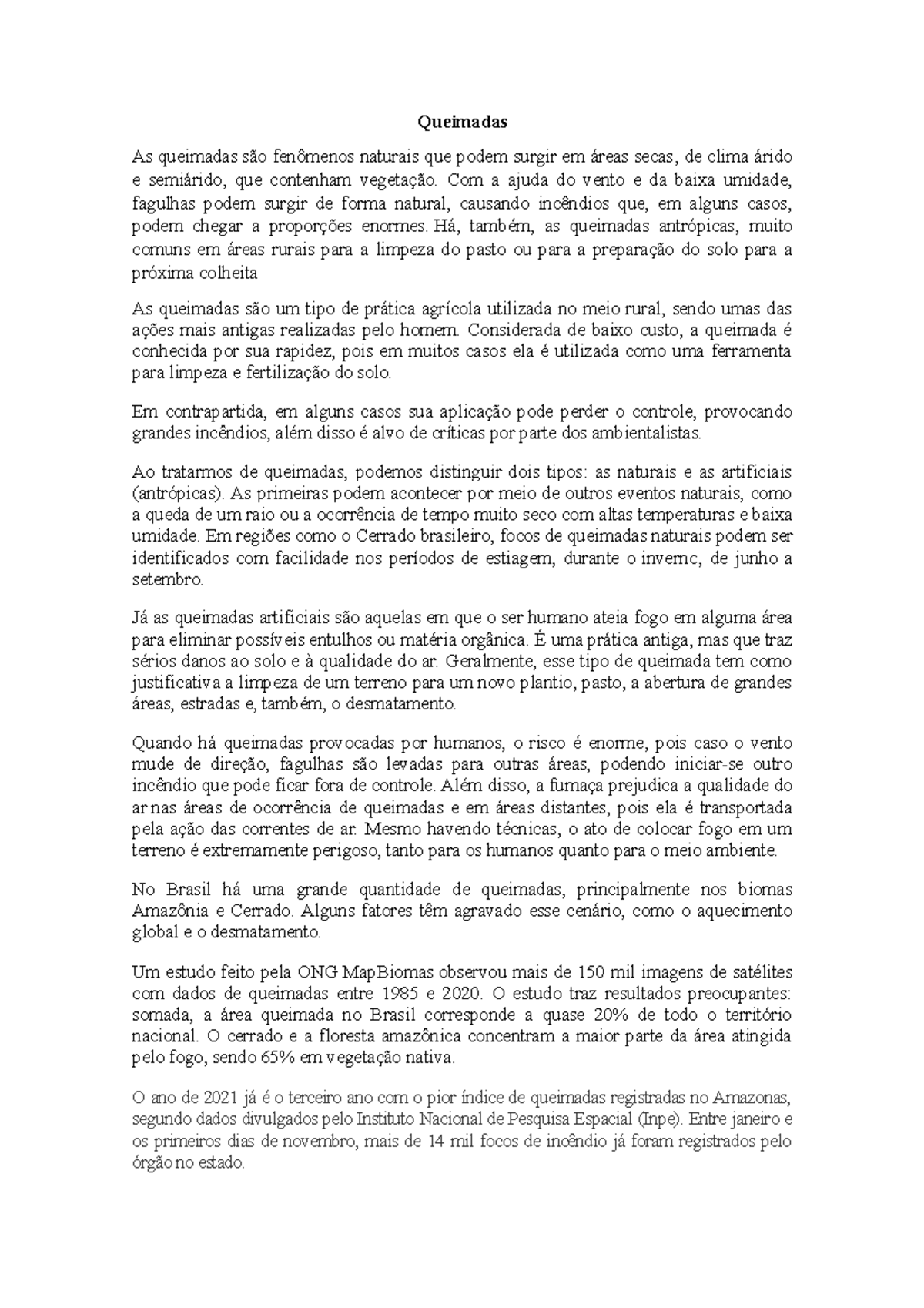 Queimadas, consequências, causas, prevenção - Studocu