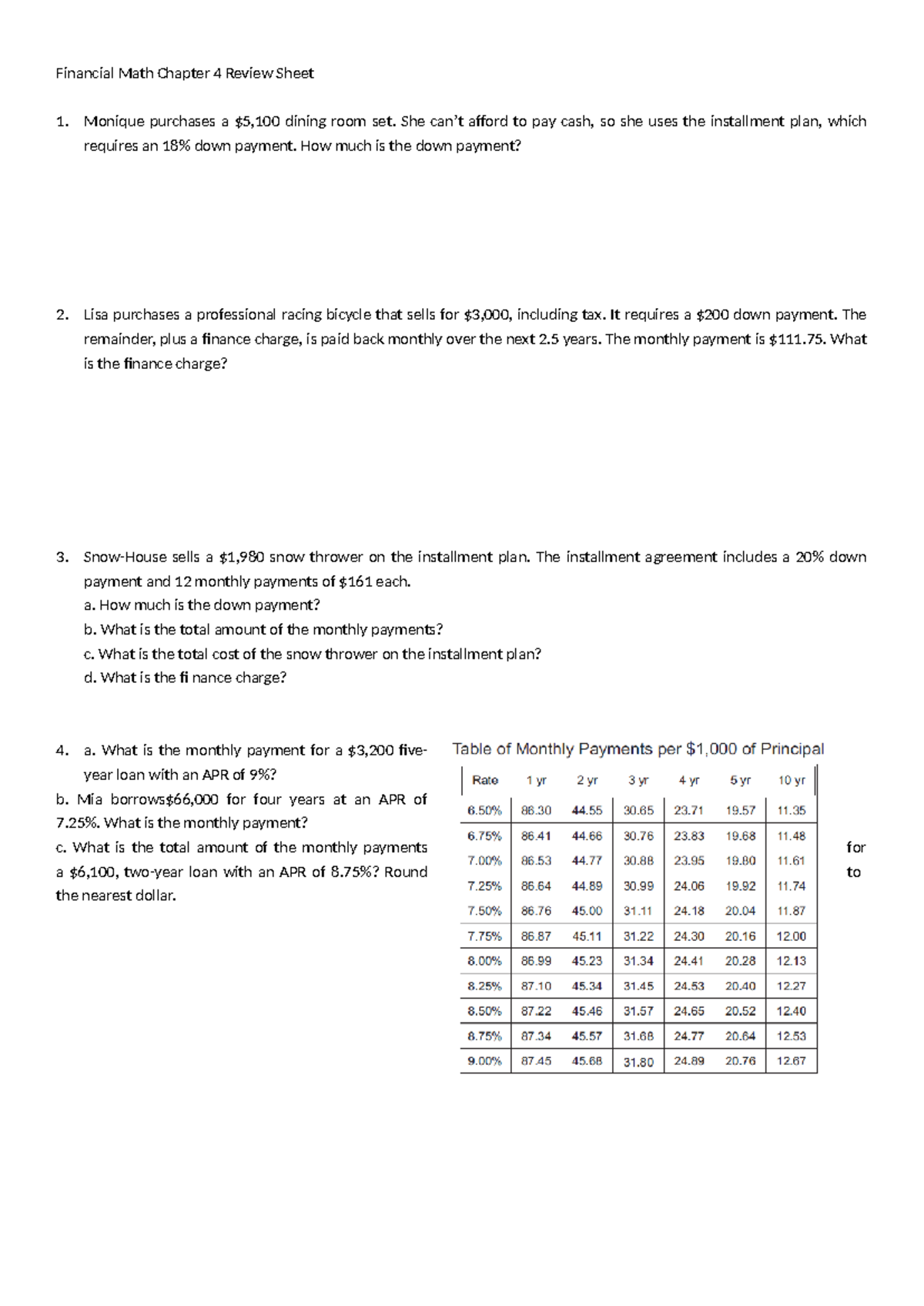Financial Math Chapter 4 Review Sheet - She can’t afford to pay cash ...
