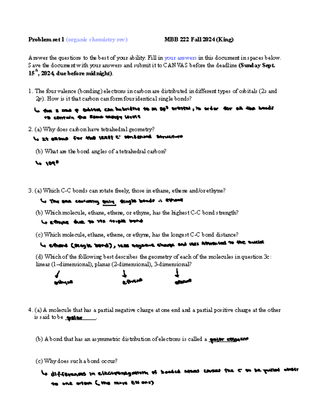 MBB ps 1 - Problem set 1 - Problem set 1 (organic chemistry rev) MBB ...