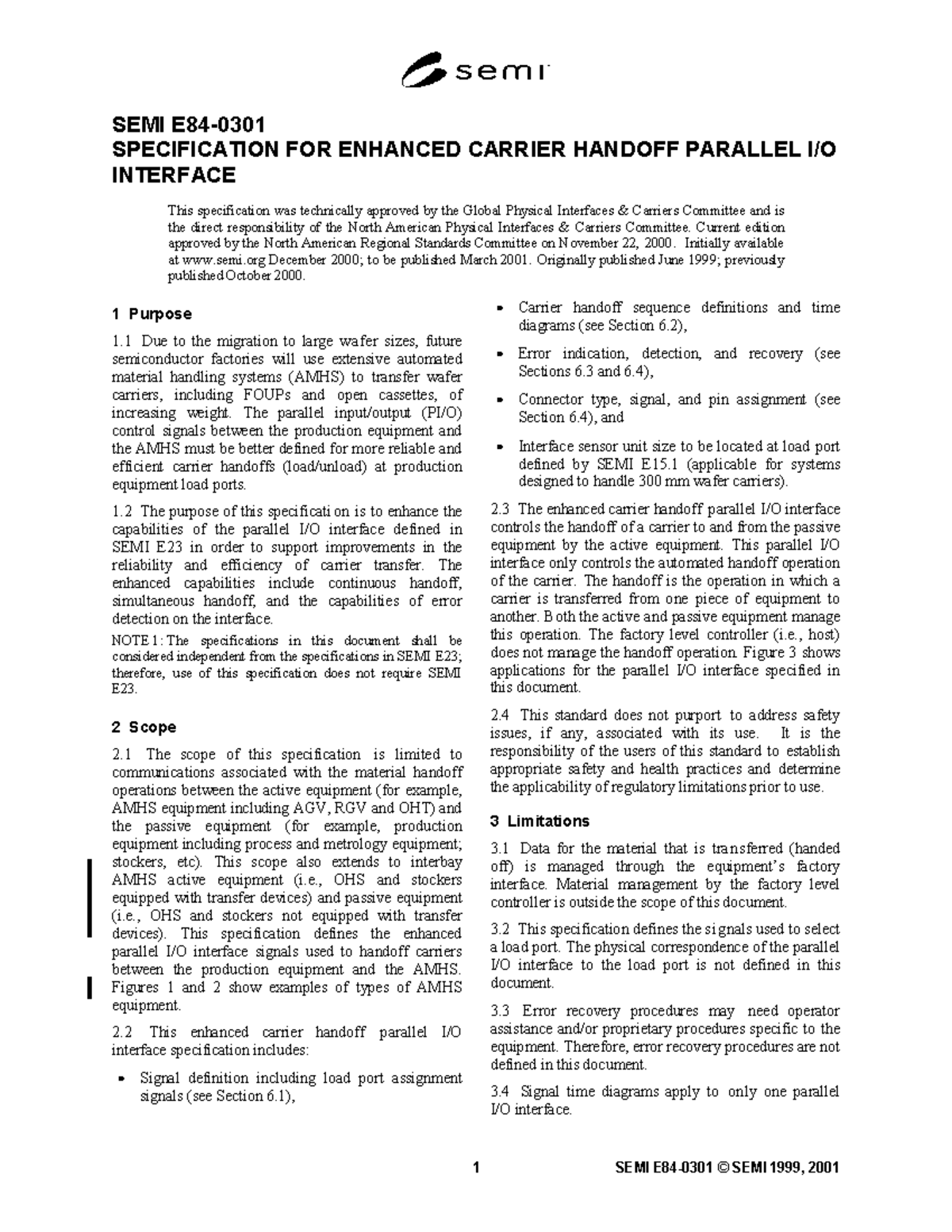 SEMI E84-0301 Specification FOR Enhanced Carrier Handoff - SEMI E84 ...