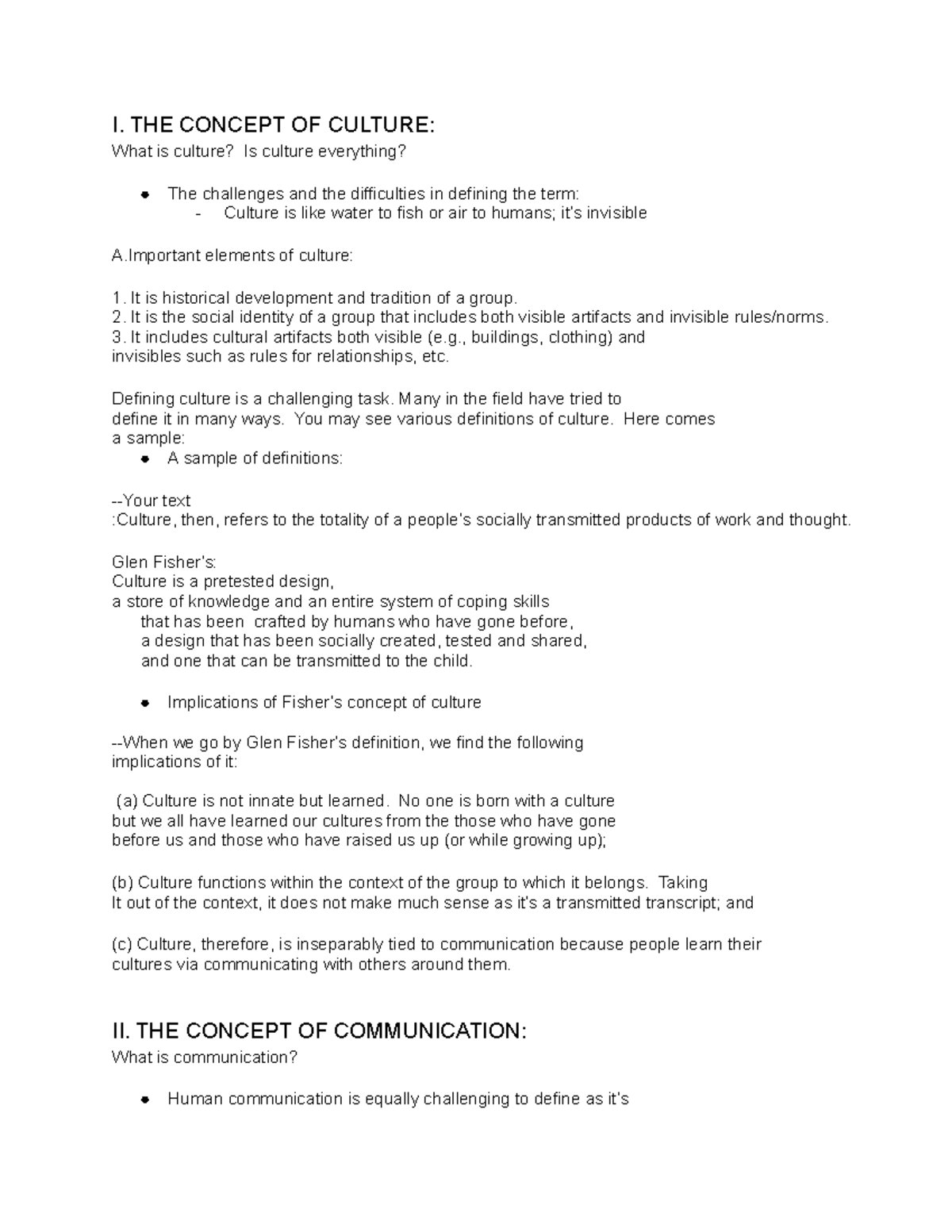 Module 1 Notes - I. THE CONCEPT OF CULTURE: What is culture? Is culture ...