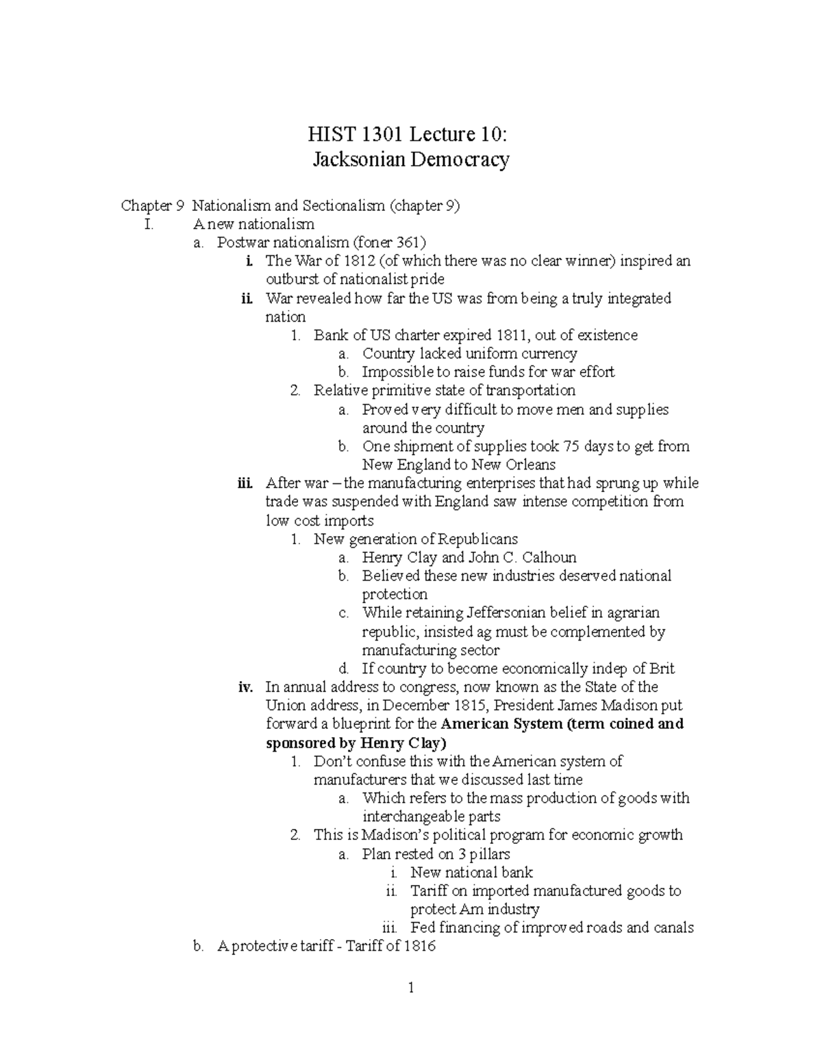 HIST 1301 Lecture 10 Jacksonian Democracy - HIST 1301 Lecture 10 ...