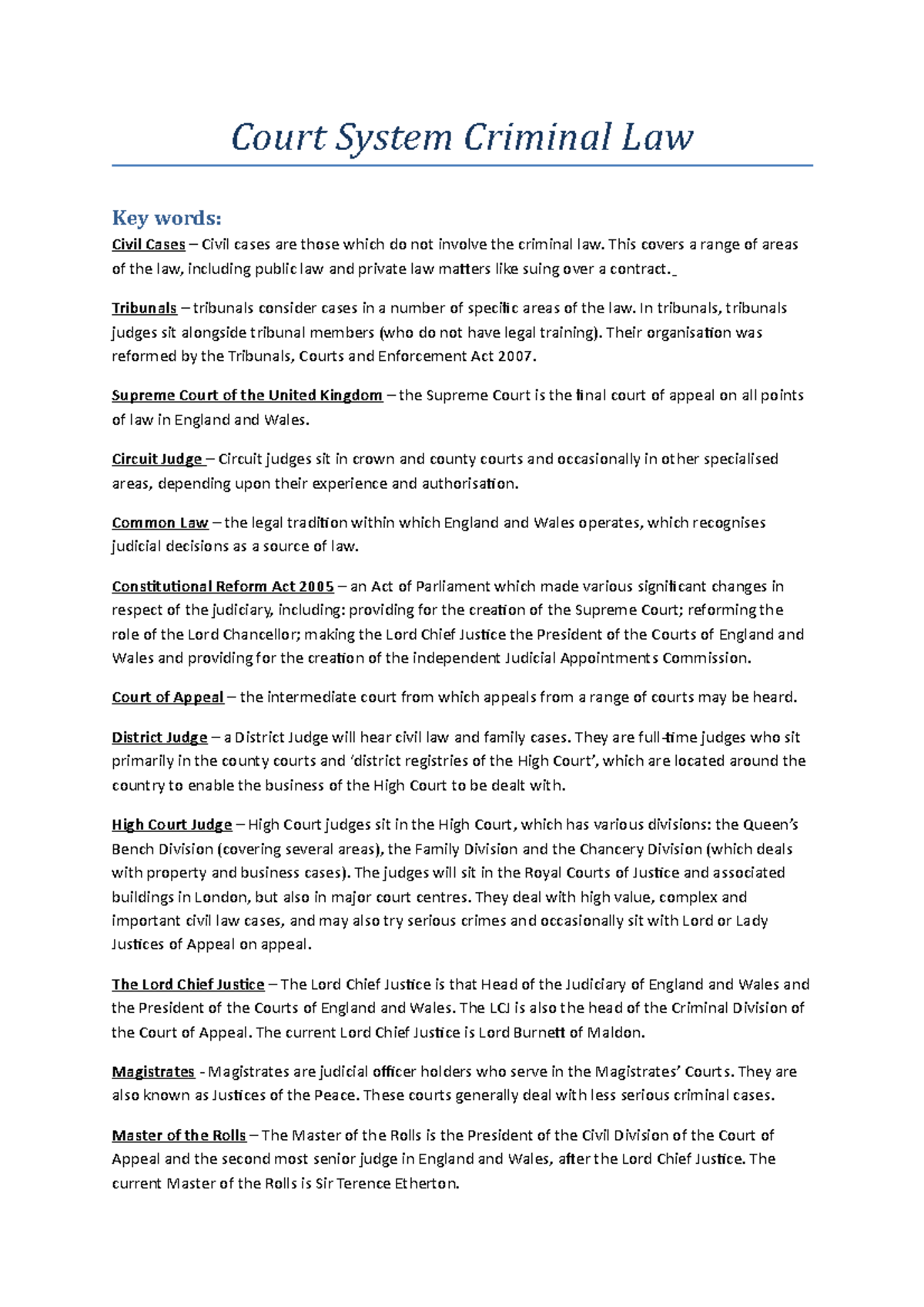 Modern Judiciary Course Kings - Court System Criminal Law Key words ...