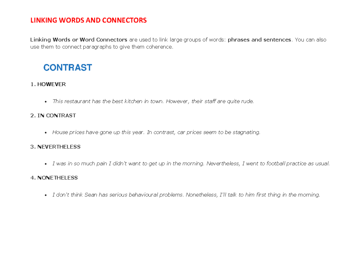 Linking Words or Word Connectors - You can also use them to connect ...