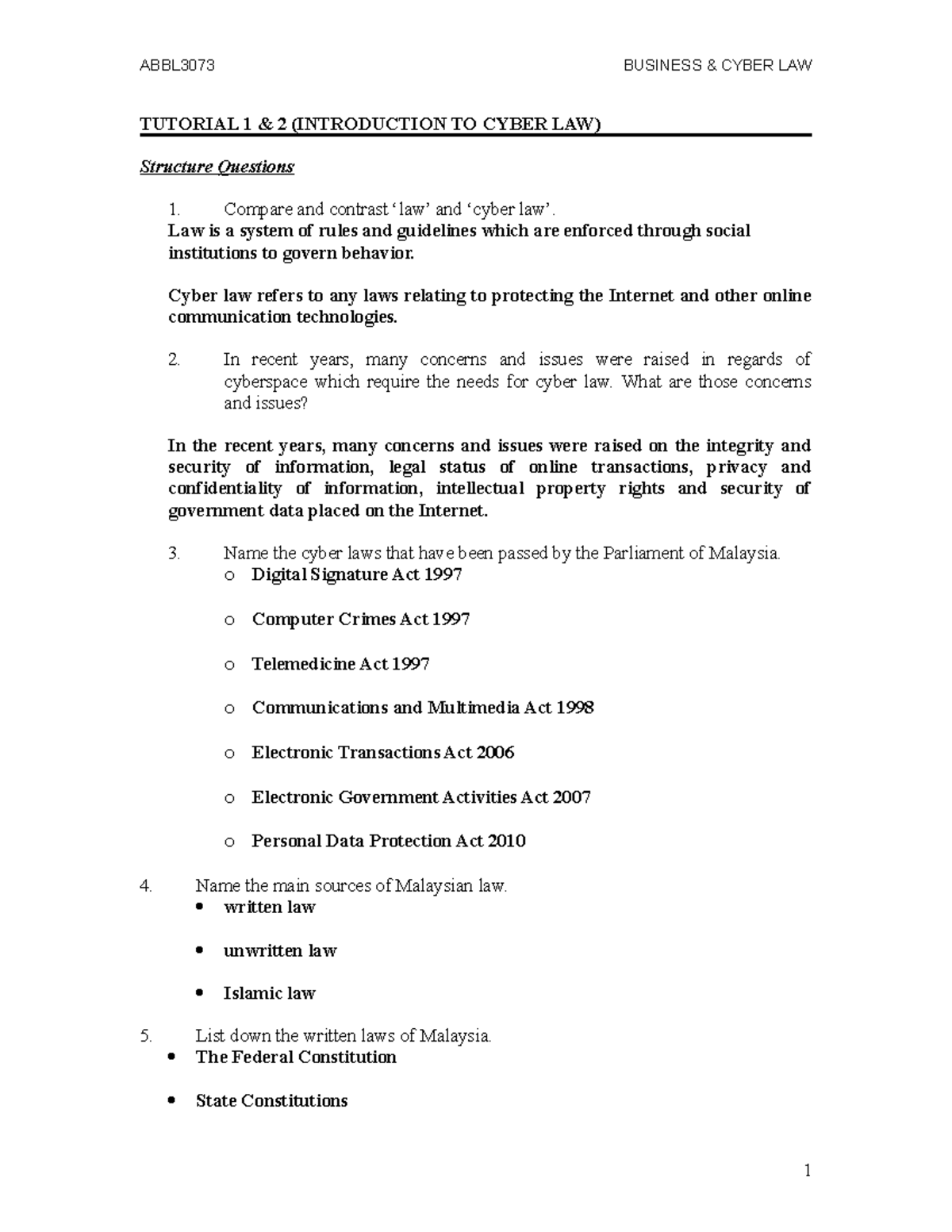 Tutorial 1 DEMa doc - TUTORIAL 1 & 2 (INTRODUCTION TO CYBER LAW ...