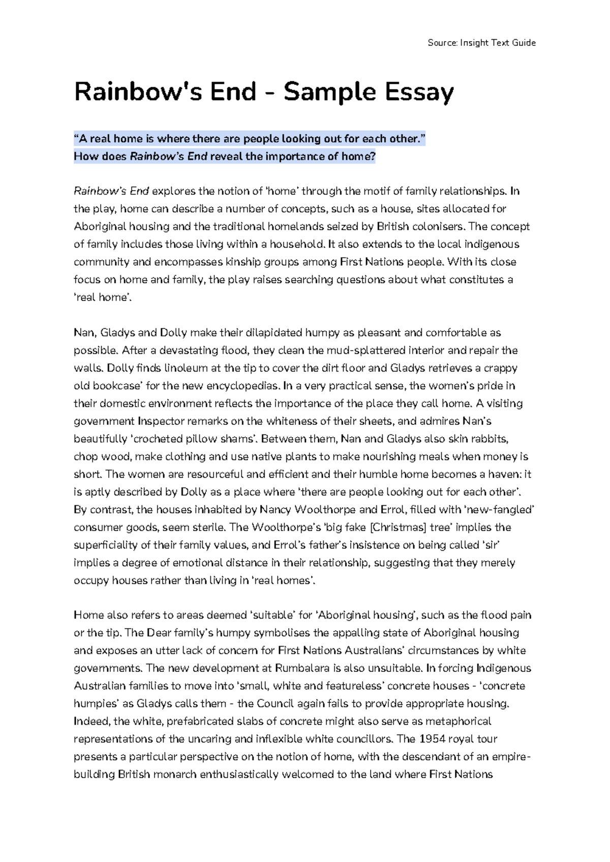 Rainbow's End - Sample Essay (Insight) - Source: Insight Text Guide ...