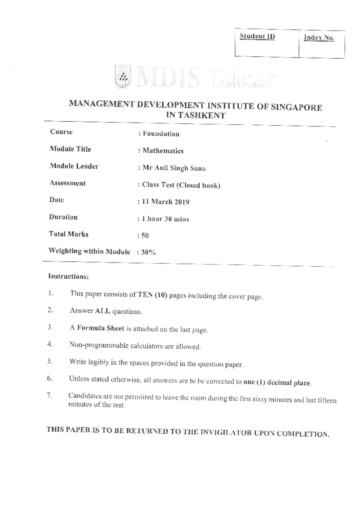 Mathematics class test 2019 - Introduction to Accounting & Finance ...