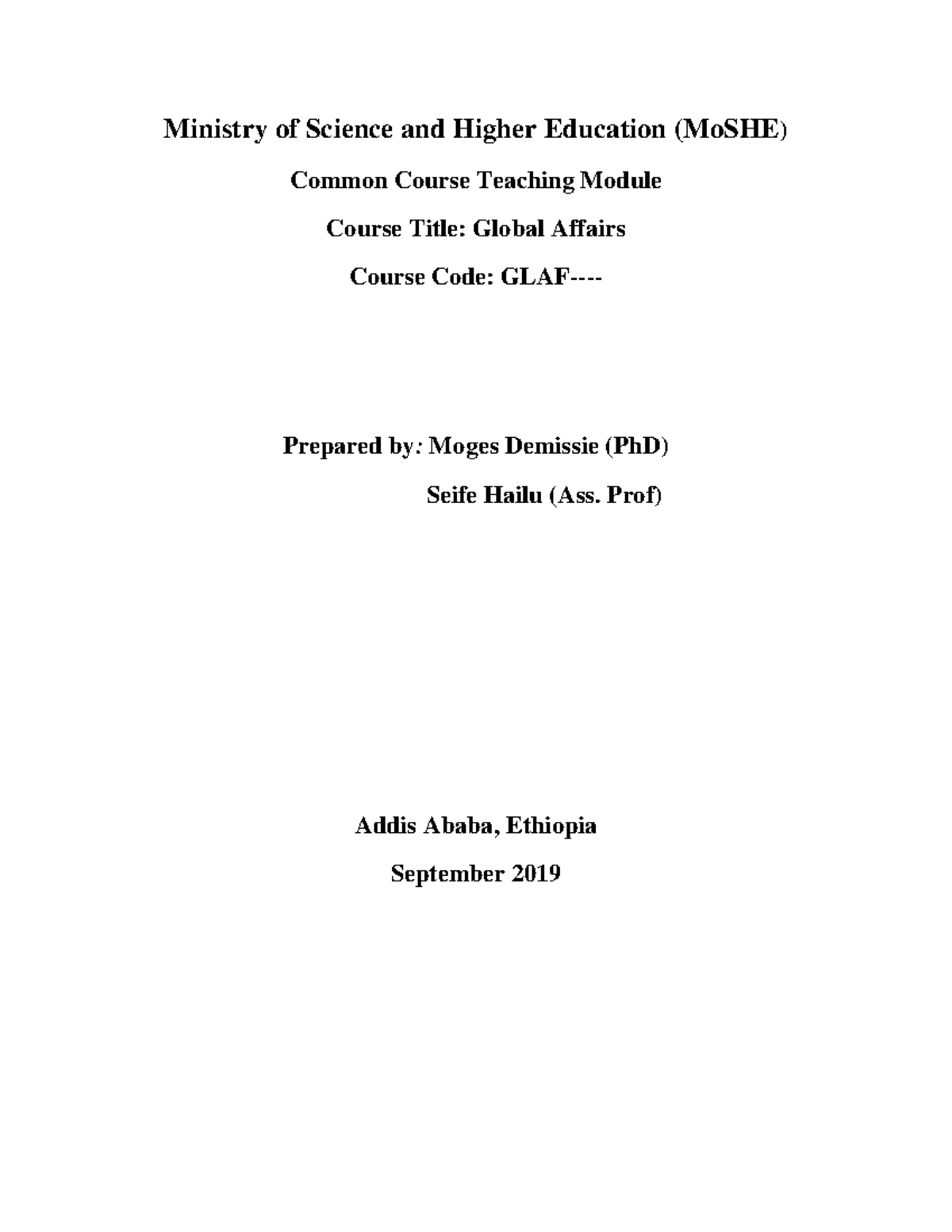 Global Affairs Module - Freshman courses - Ministry of Science and ...