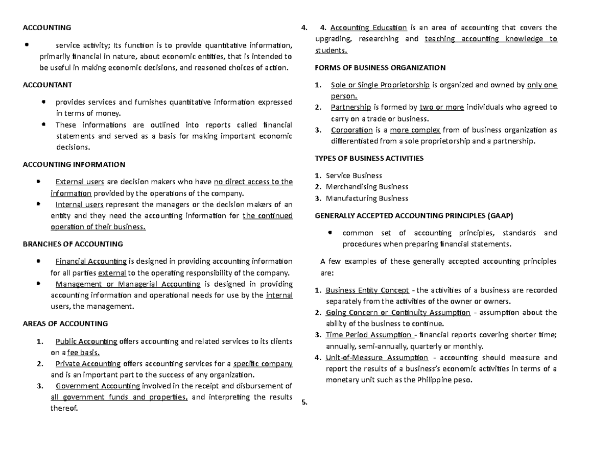 Accounting CH1 - Lecture notes 1 - ACCOUNTING service activity; Its ...