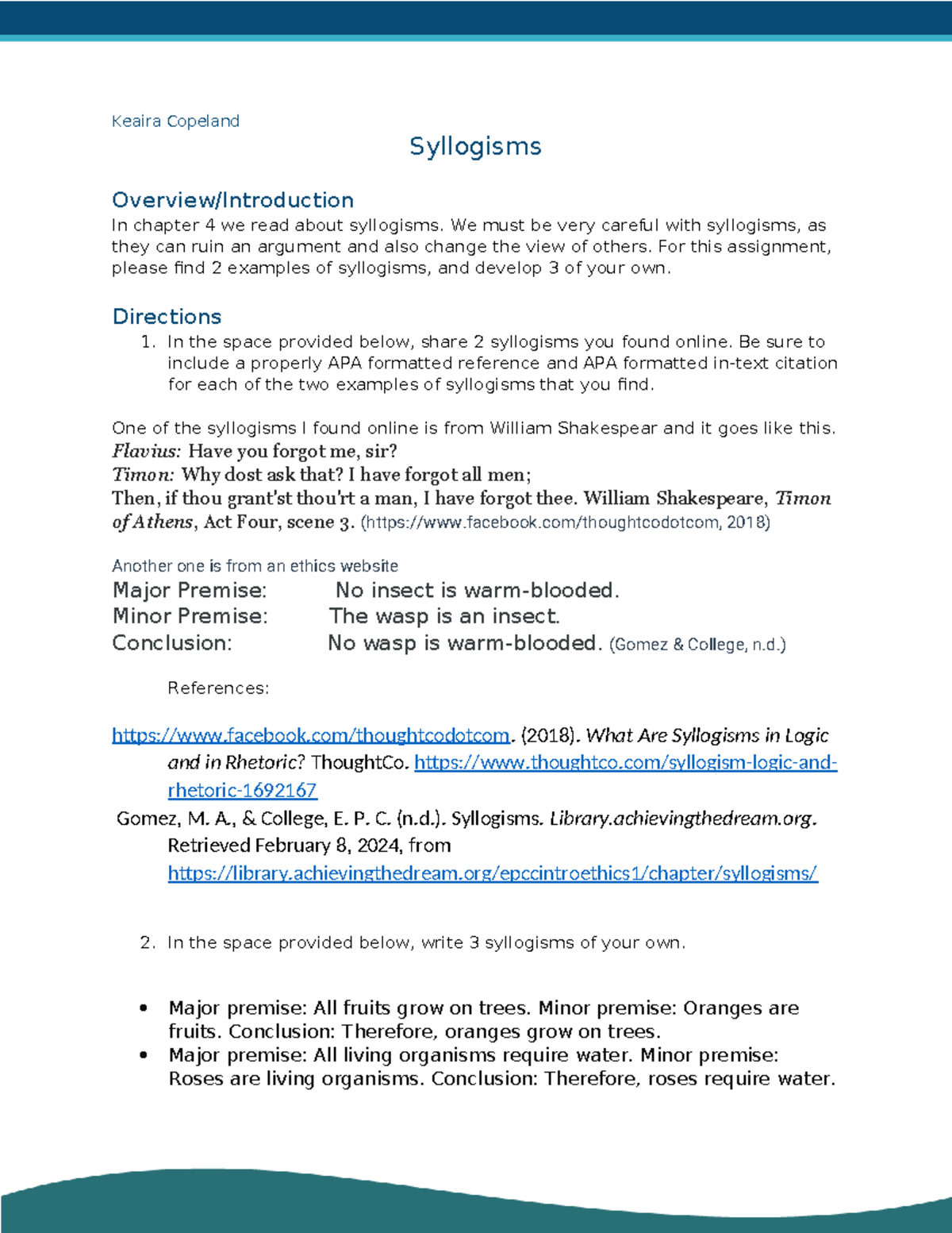 ETH400 Module 4 Syllogism Worksheet - Keaira Copeland Syllogisms ...