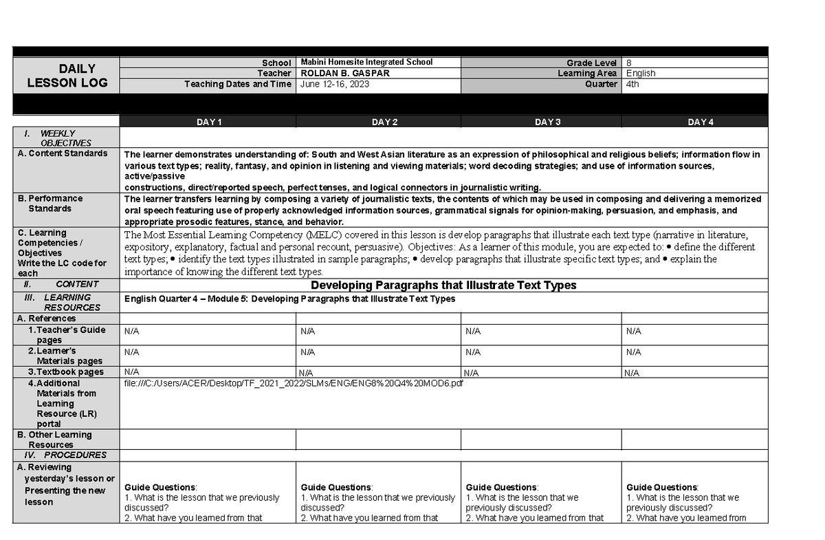 Sample Daily Lesson Log for English 7 - DAILY LESSON LOG School Mabini ...