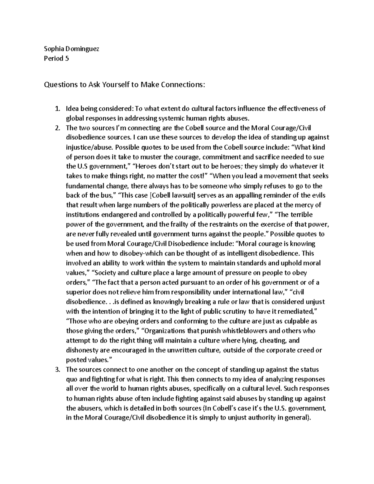 Questions to Make Connections Betweens sources assignment - Sophia ...