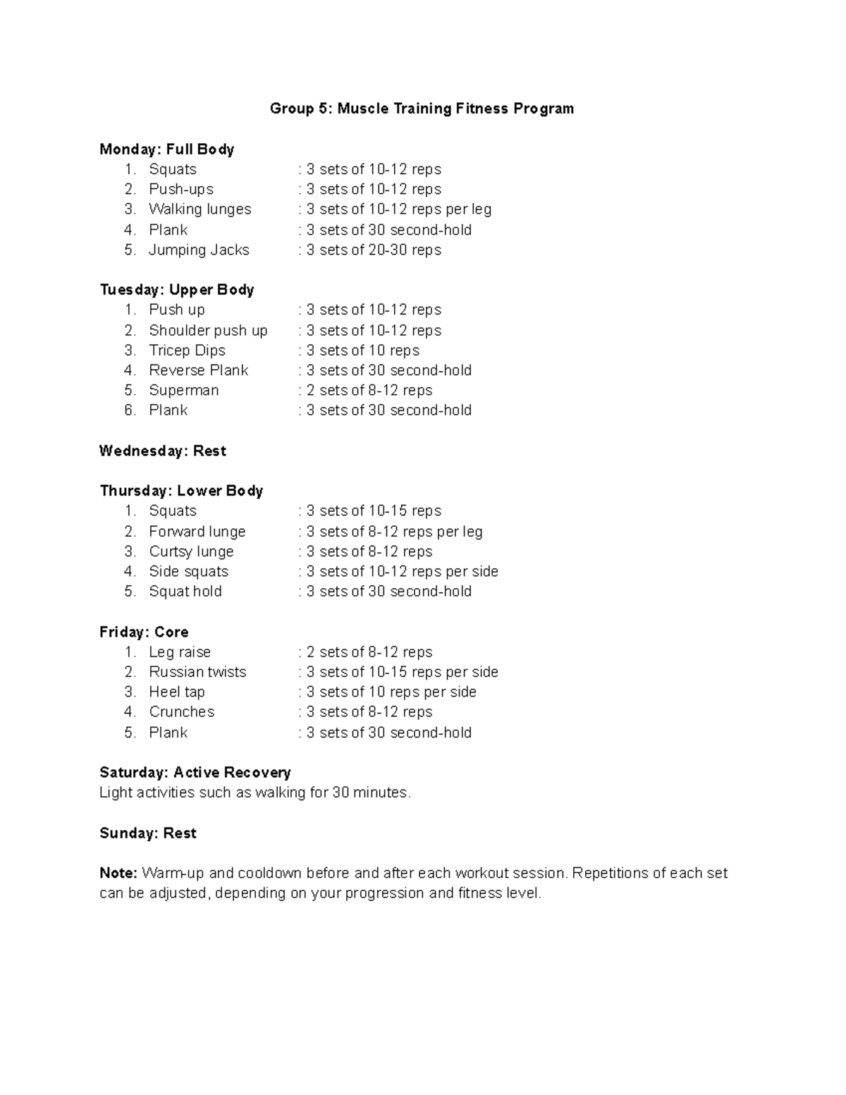 PE2 Fitness Program - Monday: Full Body 1. Squats : 3 sets of 10-12 ...