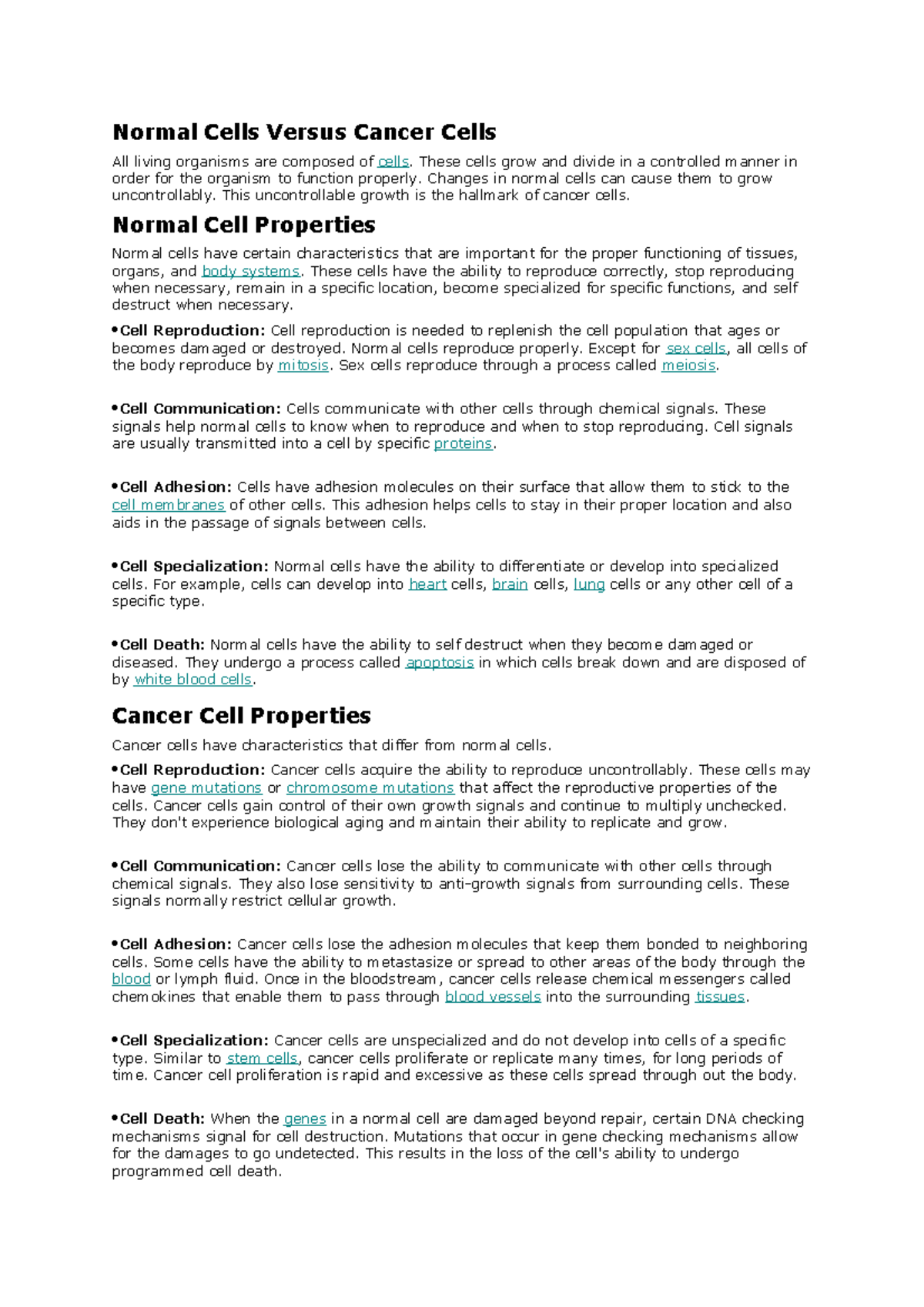 Normal Cells Versus Cancer Cells - These cells grow and divide in a ...