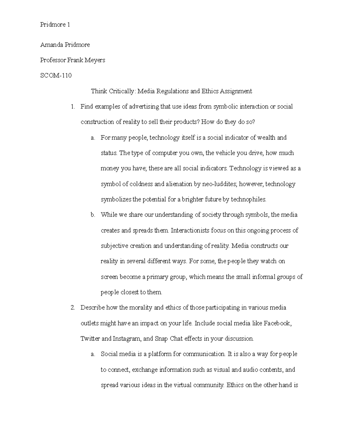 SCOM 110- Think Critically Week 8 - Amanda Pridmore Professor Frank ...