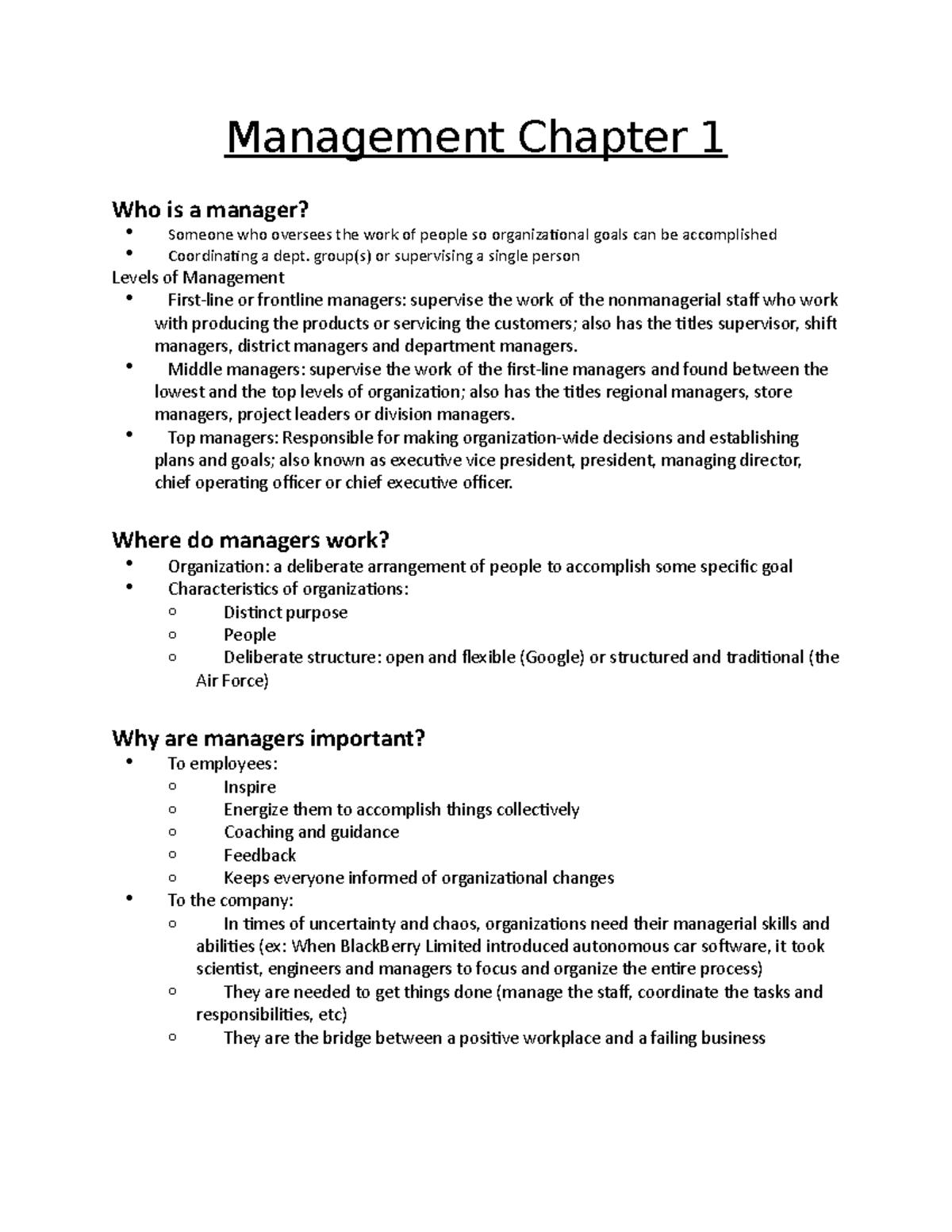 Mngmt chp 1 - Lecture notes 1 - Management Chapter 1 Who is a manager ...