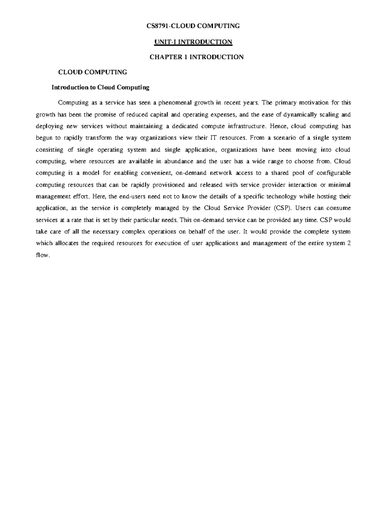 Computer applications - CS8791-CLOUD COMPUTING UNIT-I INTRODUCTION CHAPTER 1 INTRODUCTION CLOUD ...