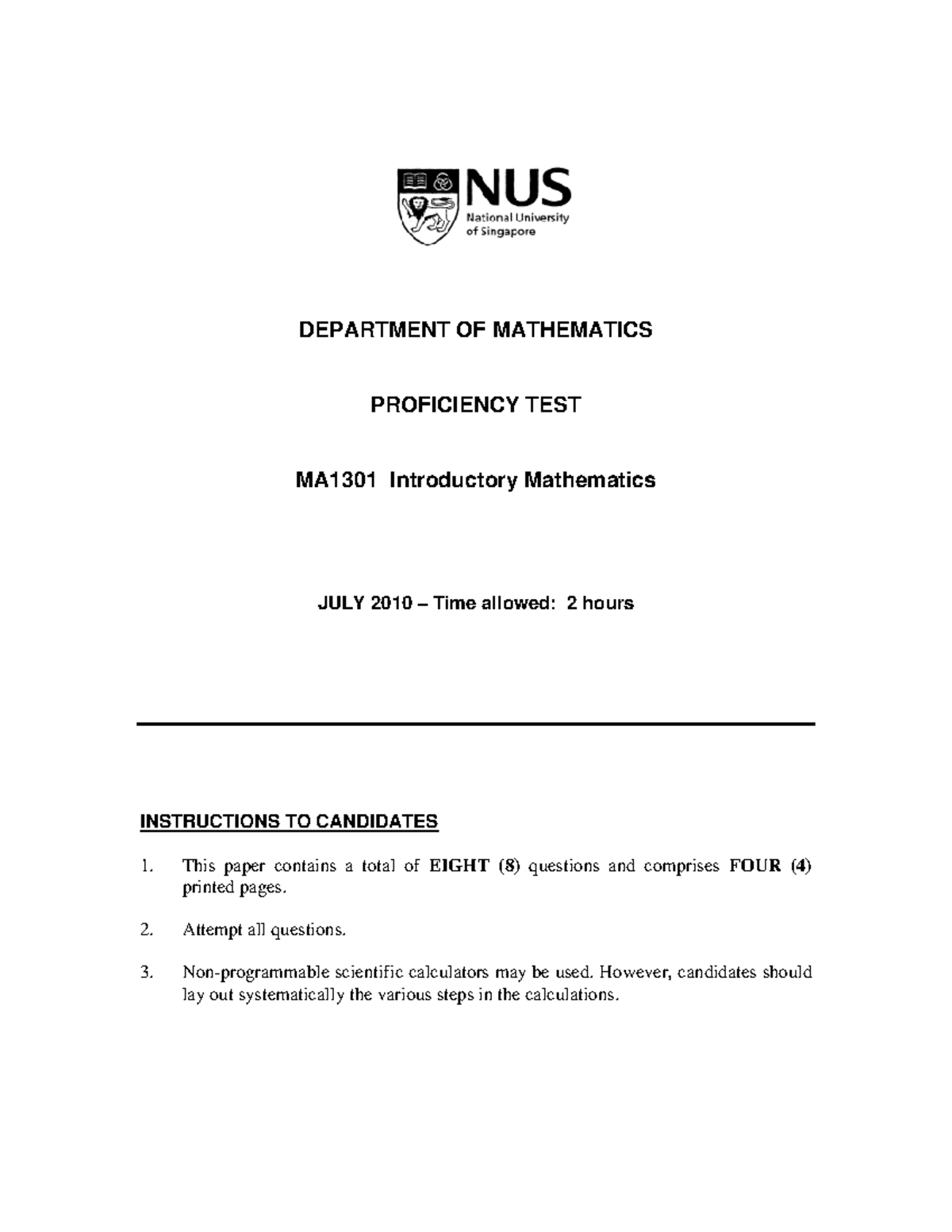 MA-1301 10/11 PROFICIENY TEST FOR ENTRY - DEPARTMENT OF MATHEMATICS ...