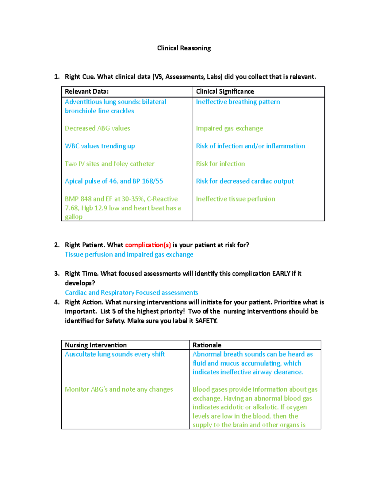 Clinical Reasoning Assignment 10 - Clinical Reasoning Right Cue. What ...