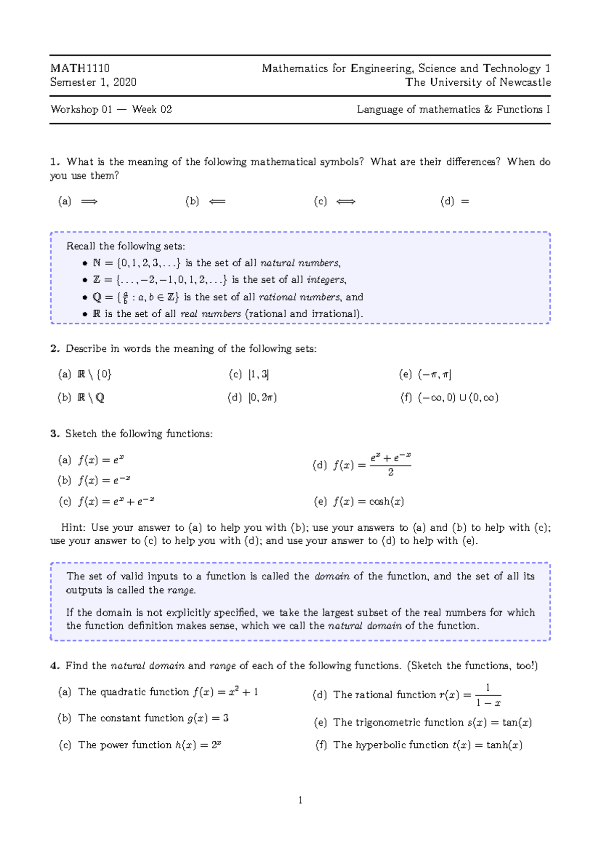 Workshop 01 - Week 02 - MATH1110 Mathematics for Engineering, Science ...