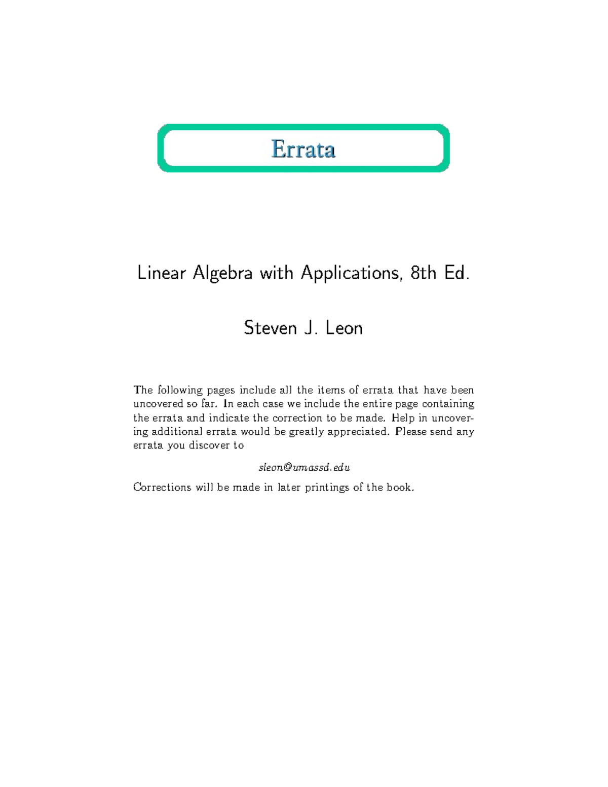 Linear Algebra with Applications, 8th Edition (Errata) (Steven J. Leon ...