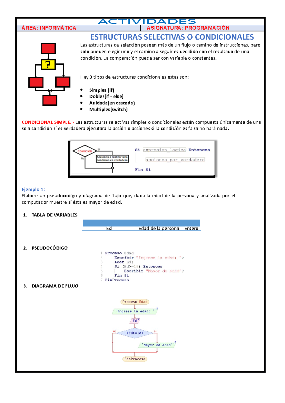 Estructuras Condicionales - ACTIVIDADES ÁREA: INFORMÁTICA ASIGNATURA ...