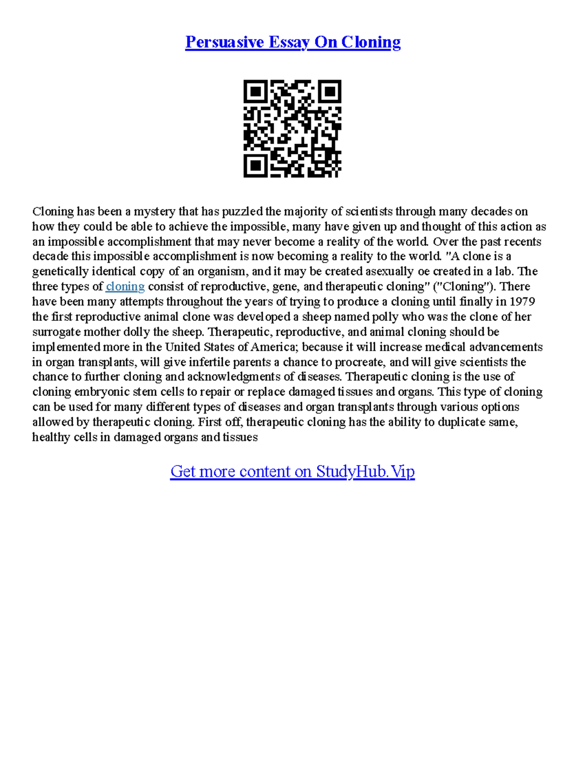 Cloning Persuasive Essay - Persuasive Essay On Cloning Cloning has been ...
