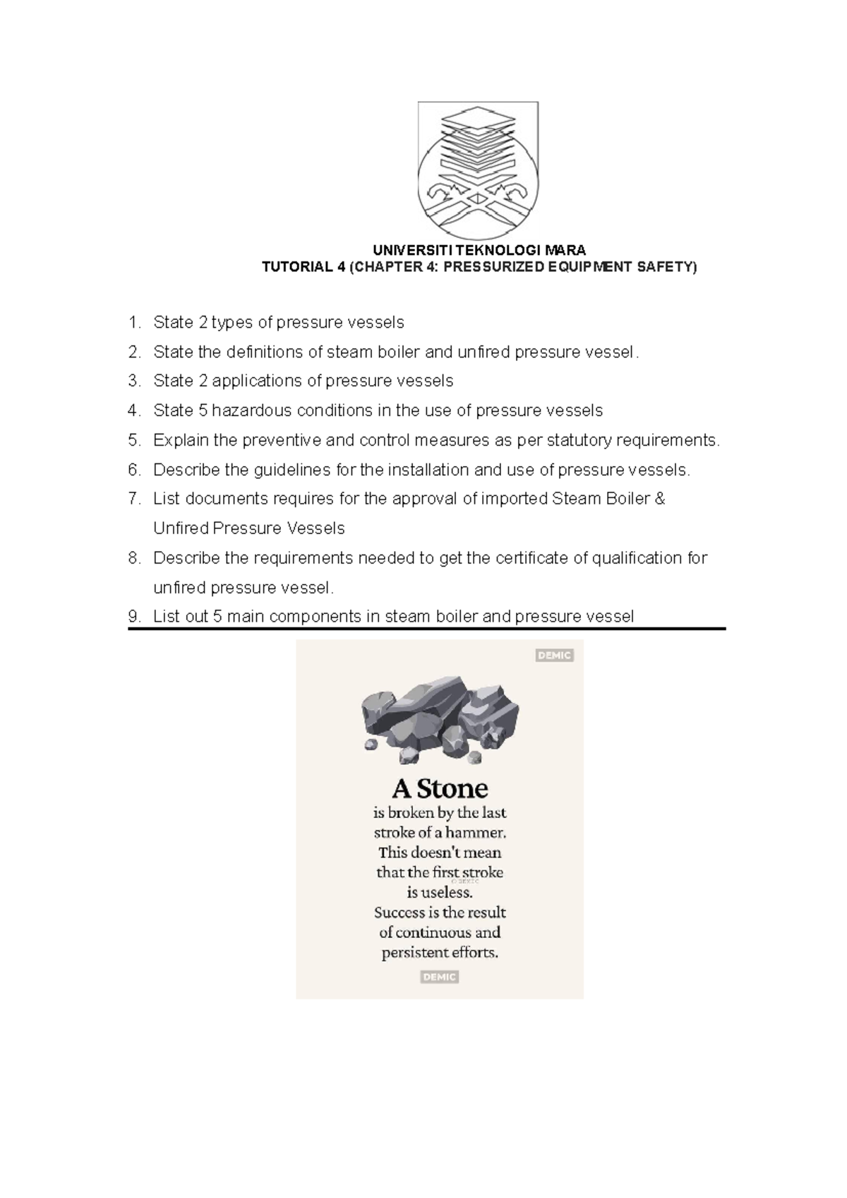 Tutorial Chapter 4 Pressurized Equipment Safety 2 - UNIVERSITI TEKNOLOGI MARA TUTORIAL 4 ...