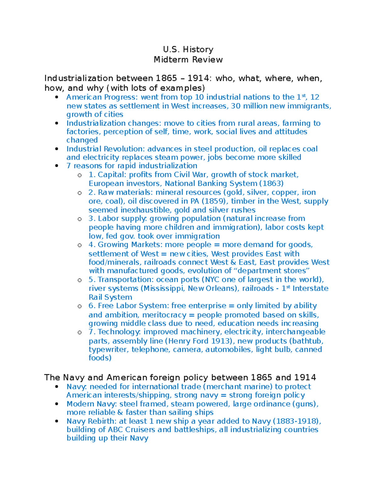 US History Midterm Review - U. History Midterm Review Industrialization ...