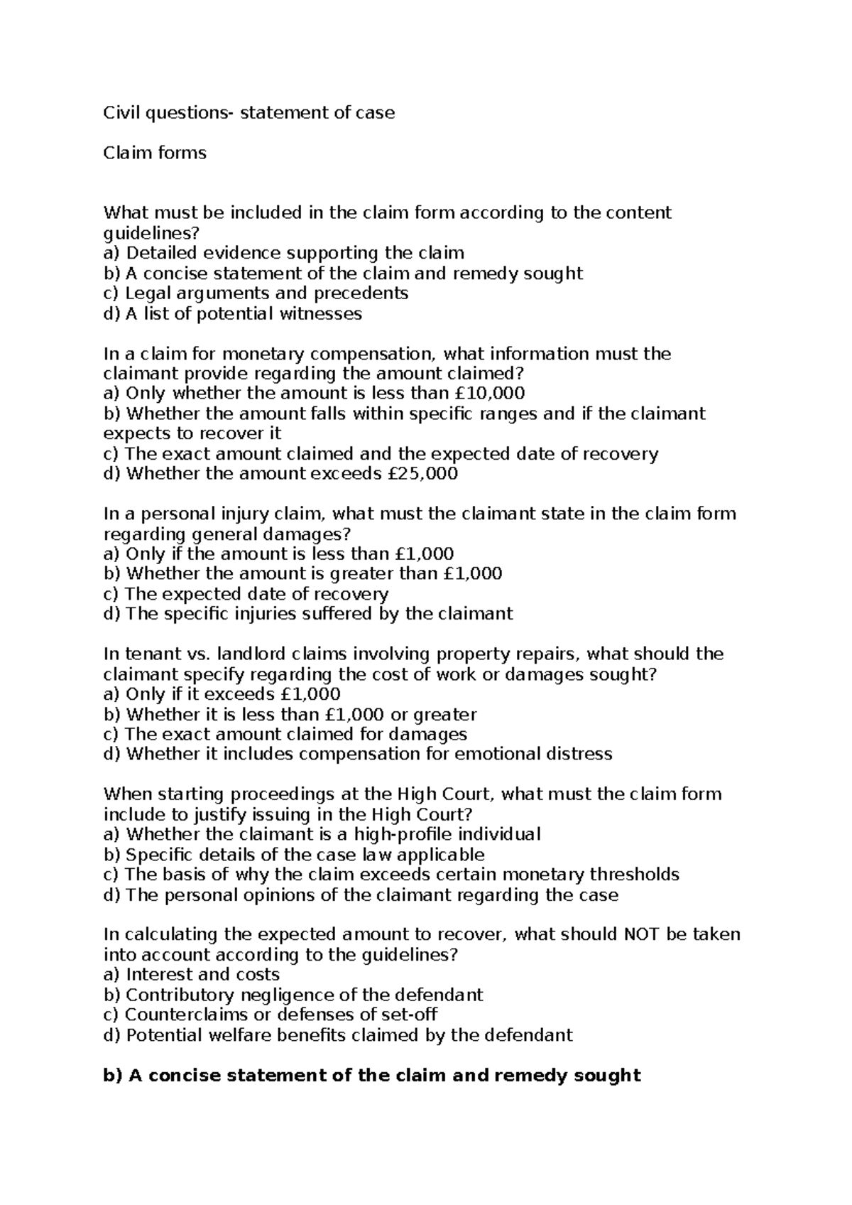 Civil questions- statement of case - landlord claims involving property ...
