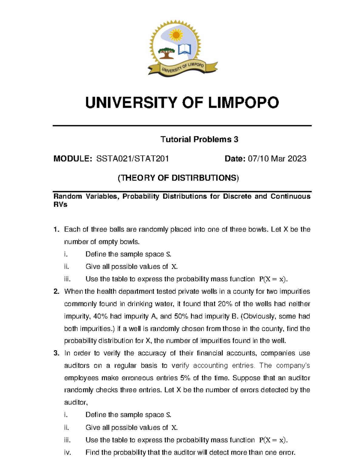 Tutorial 3 2023 - UNIVERSITY OF LIMPOPO Tutorial Problems 3 MODULE ...