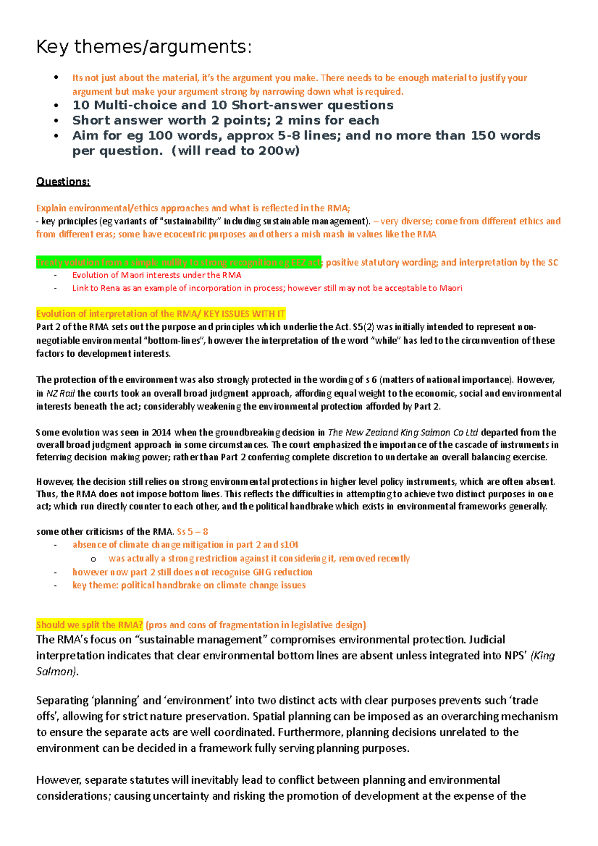 LAWS325 Cheat sheet - Key themes/arguments: Its not just about the material, it’s the argument ...