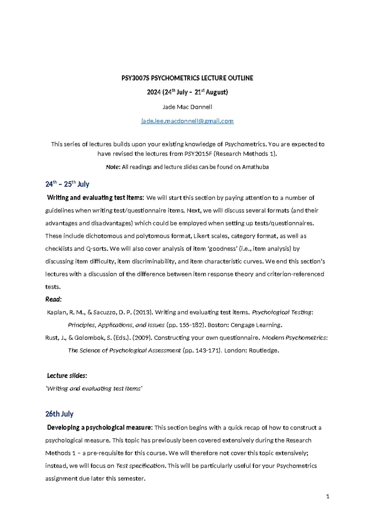 Lecture Outline Psychometrics 2024 - PSY3007S PSYCHOMETRICS LECTURE ...