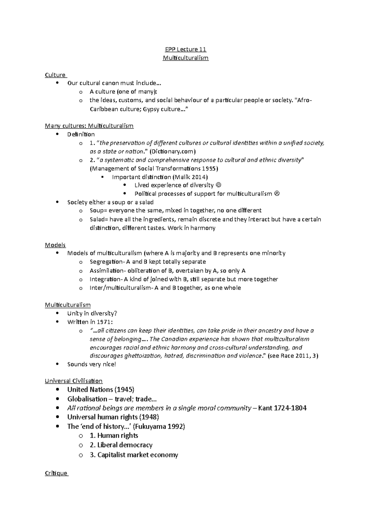EPP Lecture 11 - EPP Lecture 11 Multiculturalism Culture Our cultural canon must include... o A ...