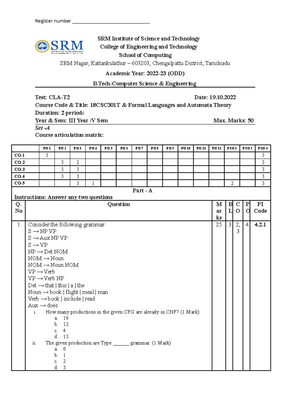 Ct2 18csc301t Set A Qp Register Number Srm Institute Of Science