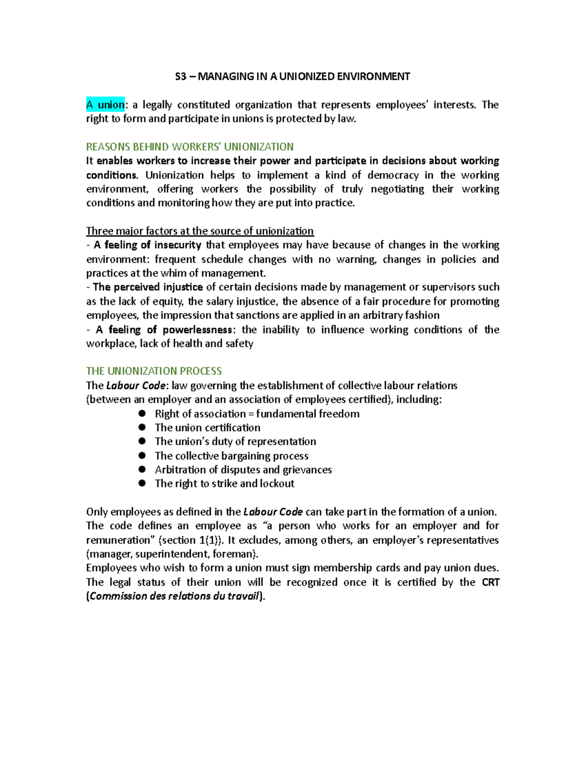 Class 3 Managing in a unionized environment - S3 – MANAGING IN A ...