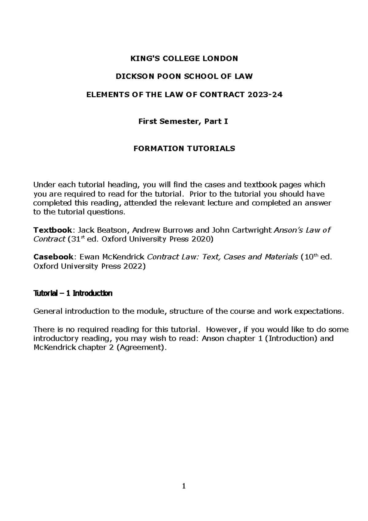 Part 1 Tutorial Questions On Contract Formation 2023 24 Kings College London Dickson Poon