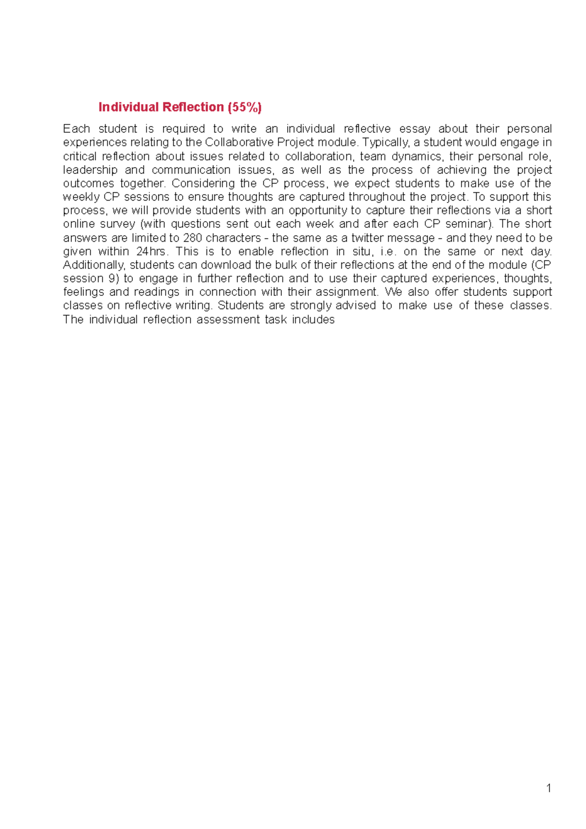 Individual reflection assignment - Individual Reflection (55%) Each ...