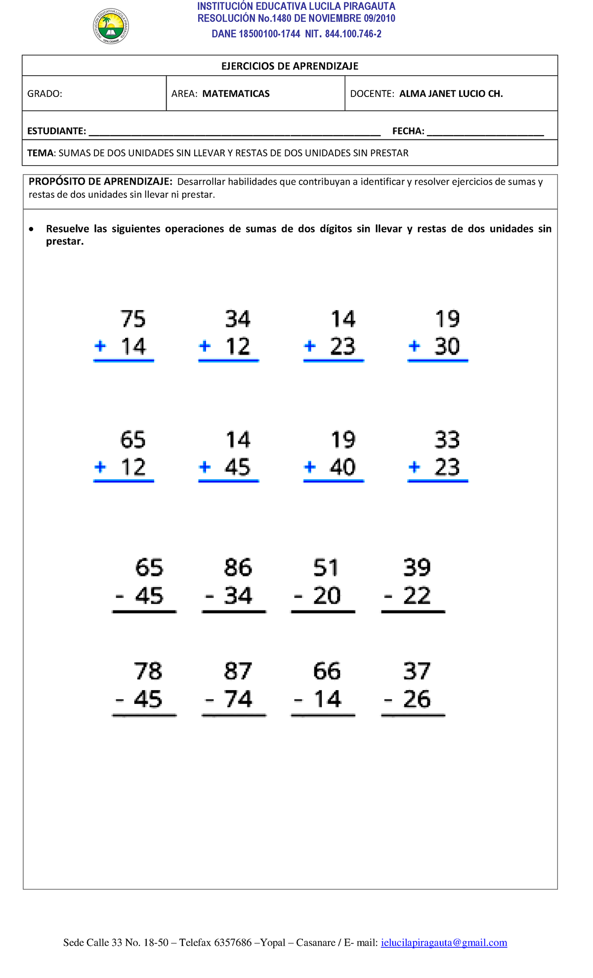 Ejercicios Sumas Y Restas - INSTITUCIÓN EDUCATIVA LUCILA PIRAGAUTA ...