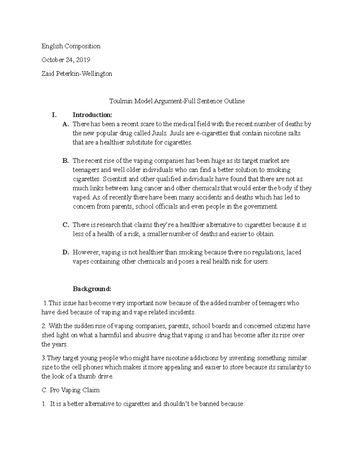 Toulmin model argument - English Composition October 24, 2019 Zaid ...