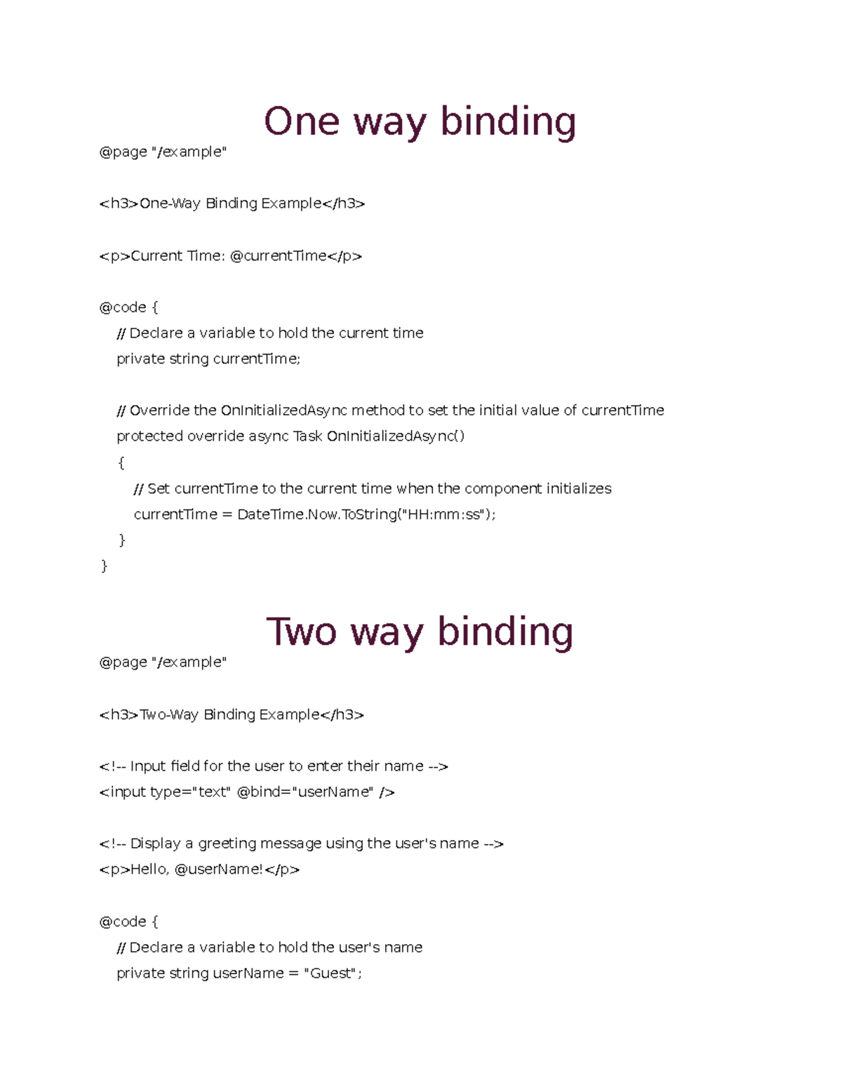 One way binding - One way binding @page "/example" One-Way Binding - Studocu