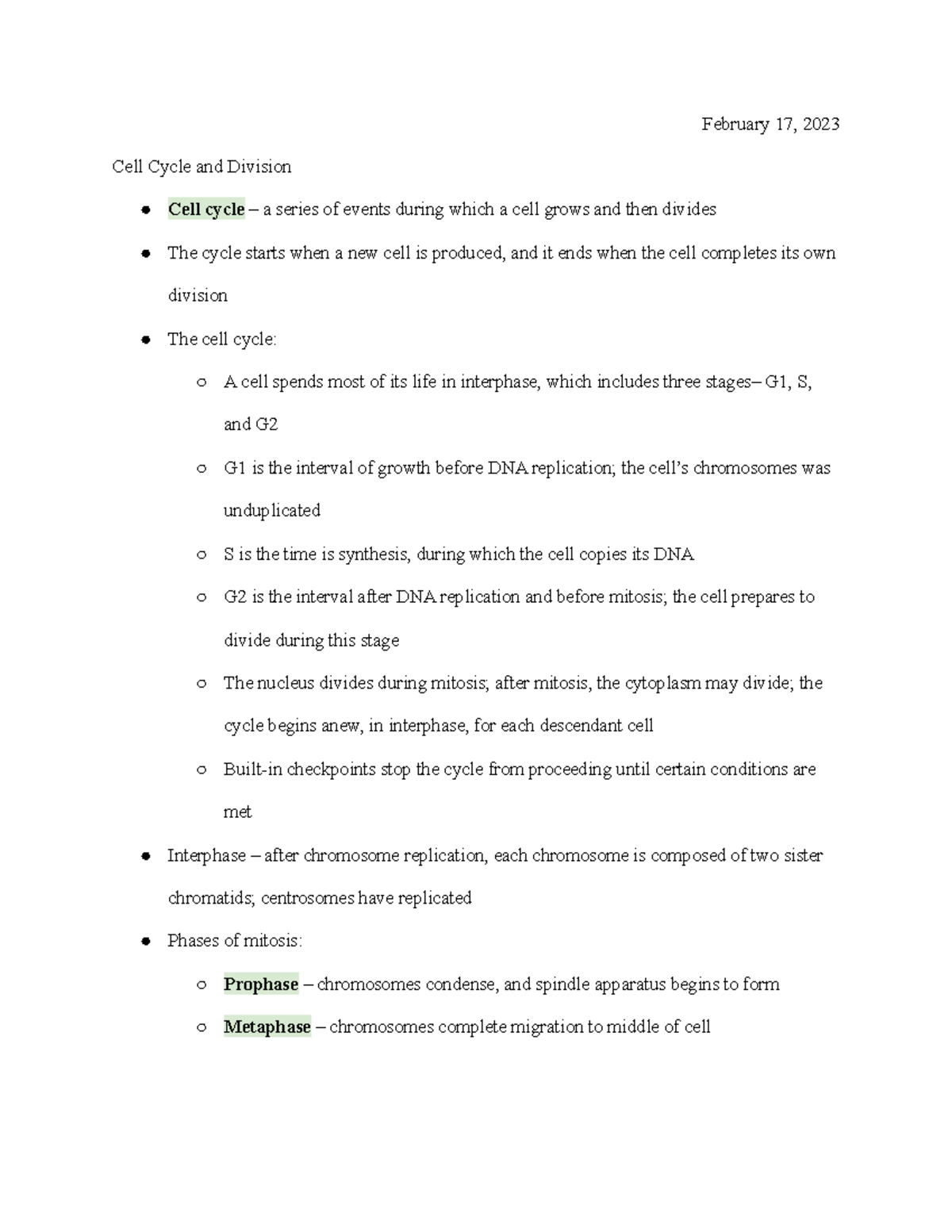 Cell Cycle and Division - February 17, 2023 Cell Cycle and Division ...