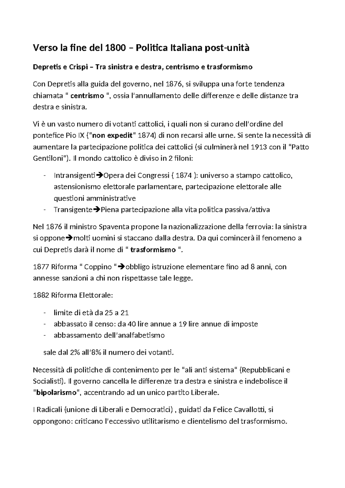 Storia del '900 - Verso la fine del 1800, la politica italiana post ...
