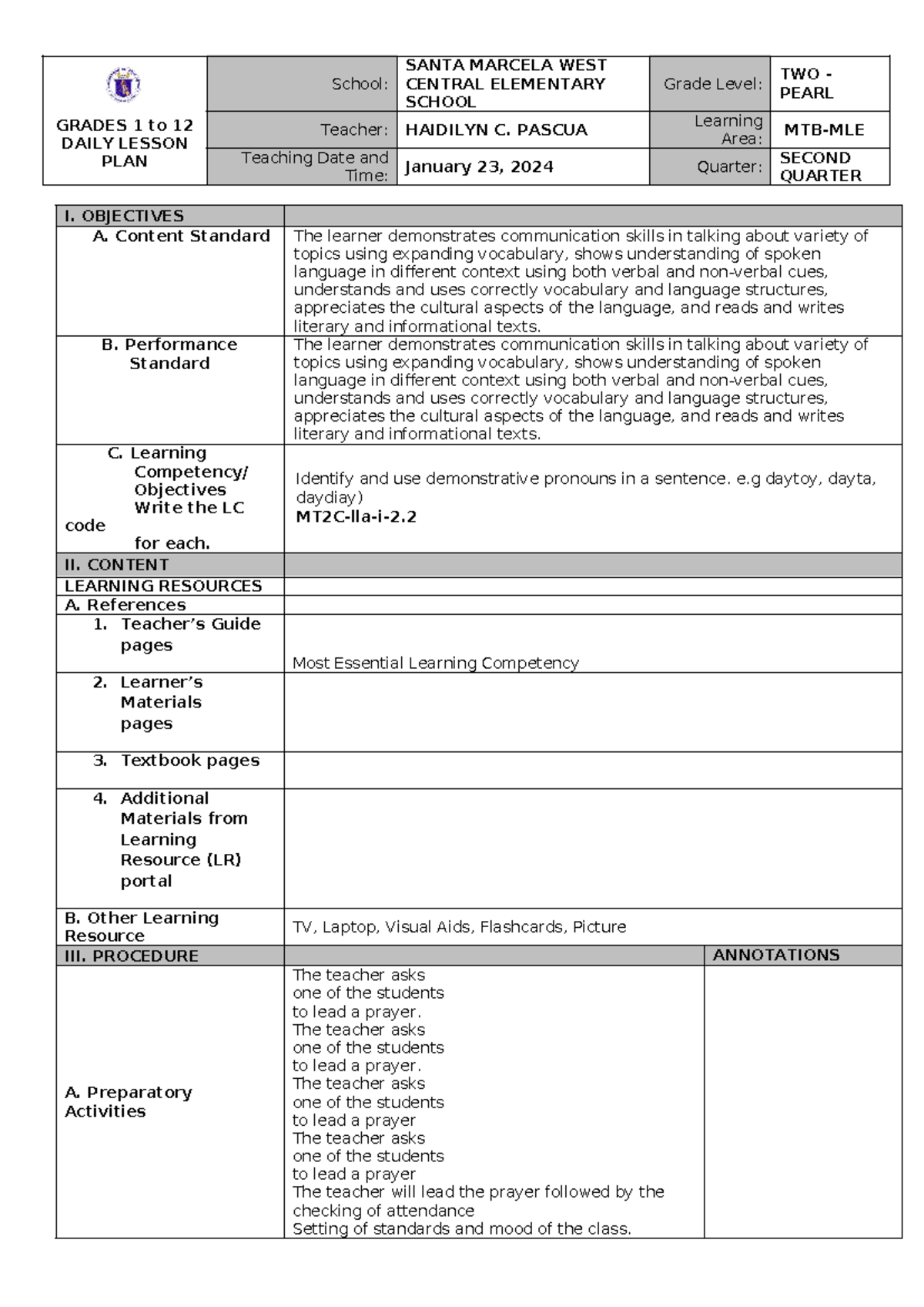 CO-LP Grade 2 Q2 - THJ - GRADES 1 to 12 DAILY LESSON PLAN School: SANTA ...