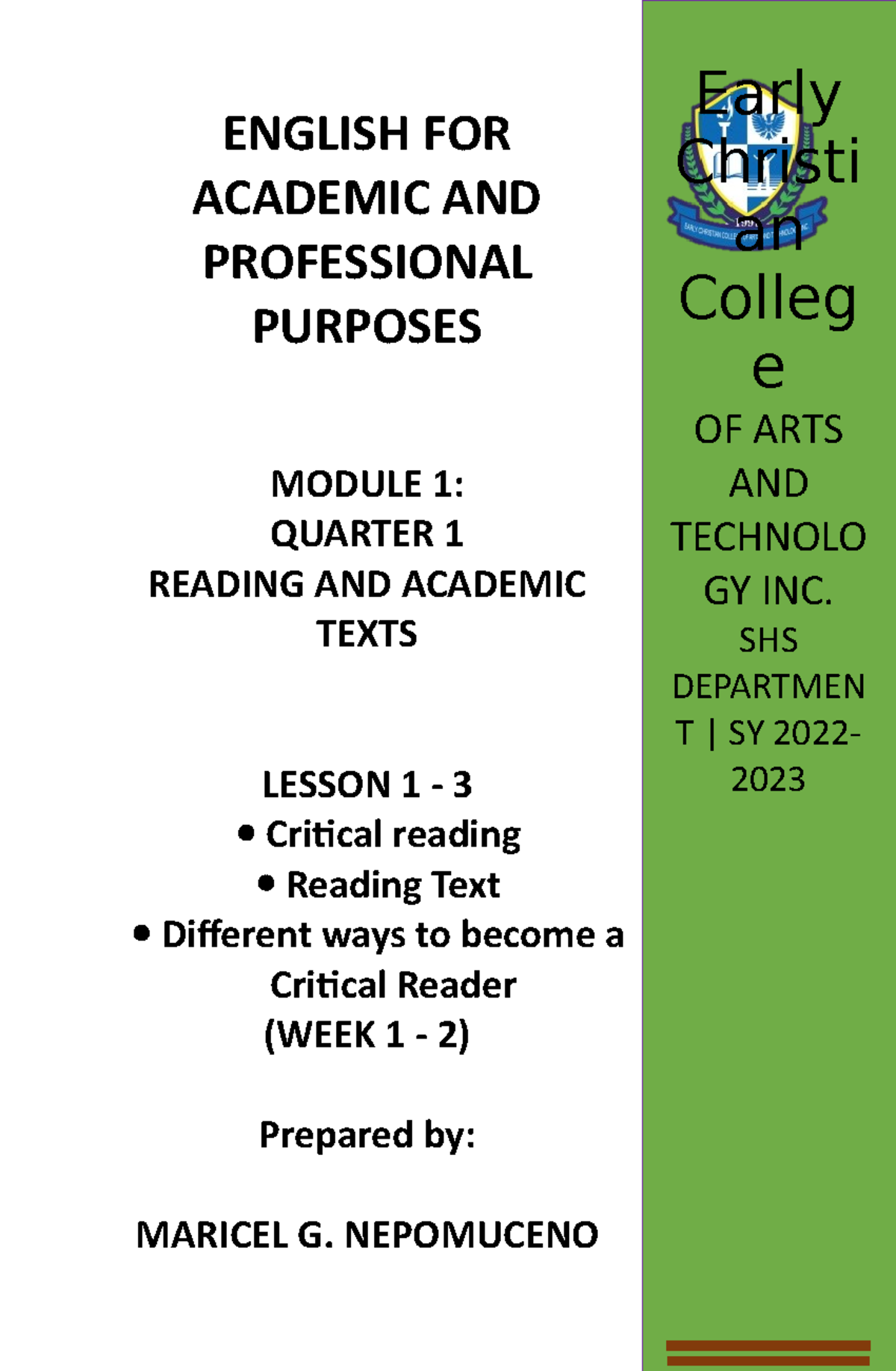 Module 1 EAPP - English - ENGLISH FOR ACADEMIC AND PROFESSIONAL ...